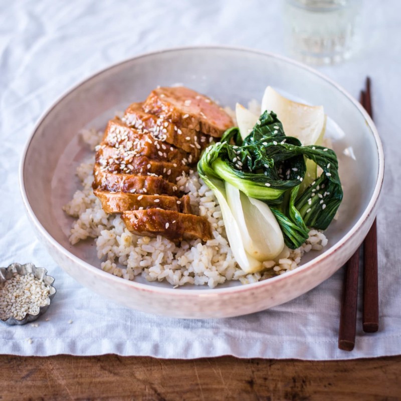 Sticky Hoisin Ginger Pork with Rice and Asian Greens - Nadia Lim