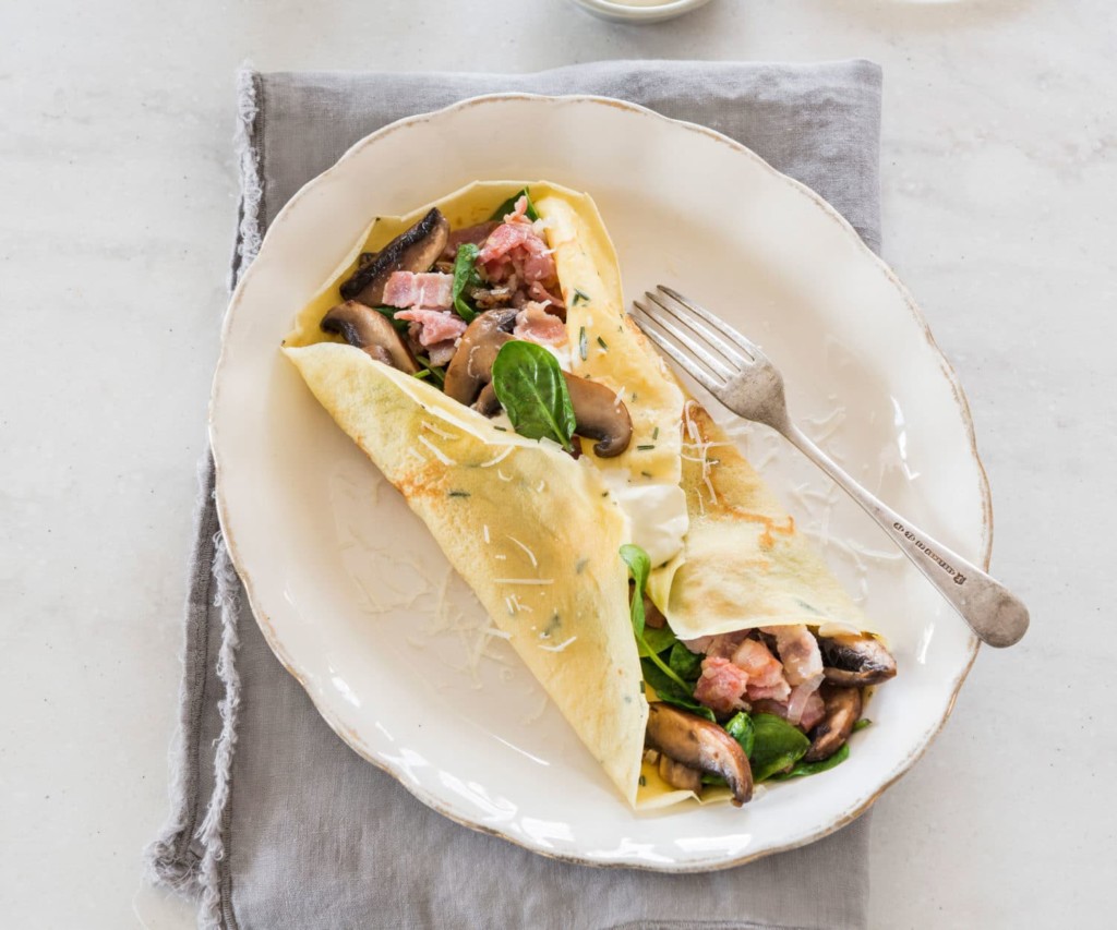 Parmesan and herb crepes with mushrooms and bacon - Nadia Lim