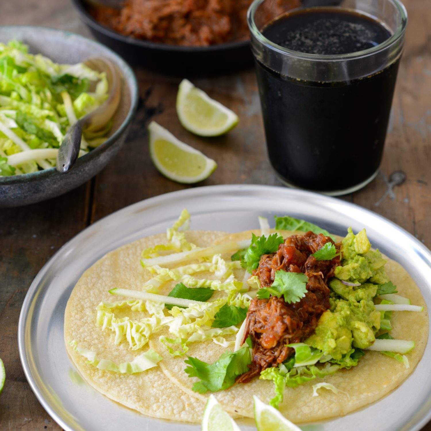 Pulled Beef Chipotle Tacos with apple slaw, guacamole and salsa - Nadia Lim