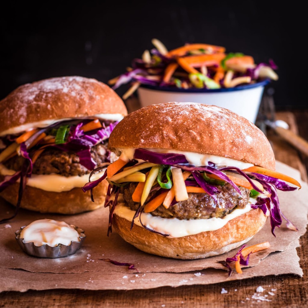 Lamb Burgers with Wasabi Lime Mayo and Mango Slaw - Nadia Lim