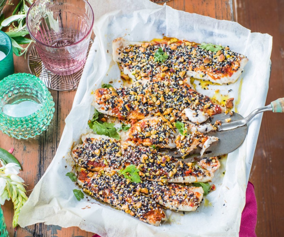 Fish with a sesame, pistachio and harissa crust - Nadia Lim