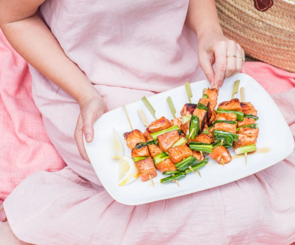 Yaki salmon and spring onion skewers - Nadia Lim