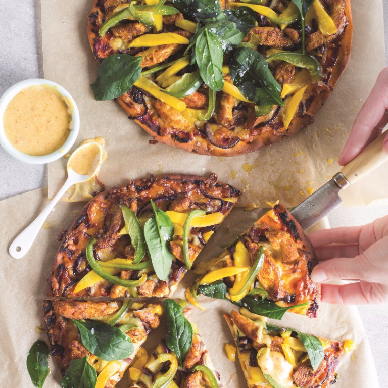 Spiced chicken and mango pizzas with curry mayo - Nadia Lim